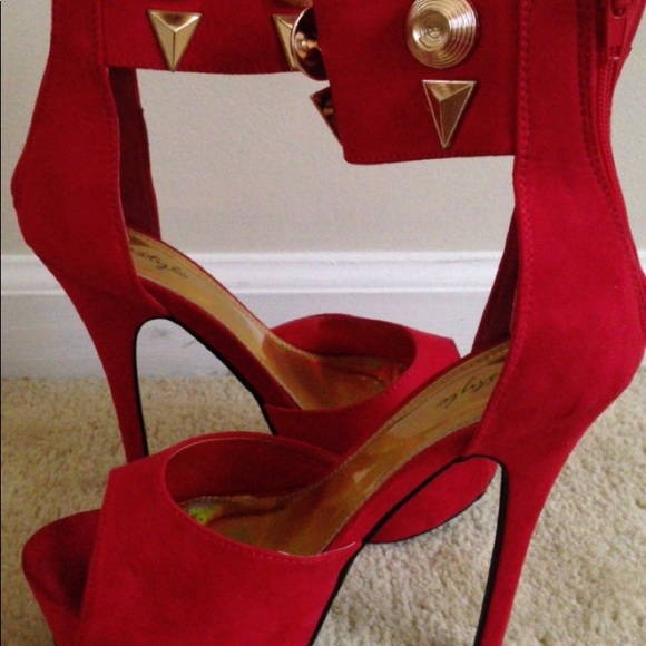 Herstyle | Shoes | Cherry Red Gold Studded Ankle Heels | Poshmark